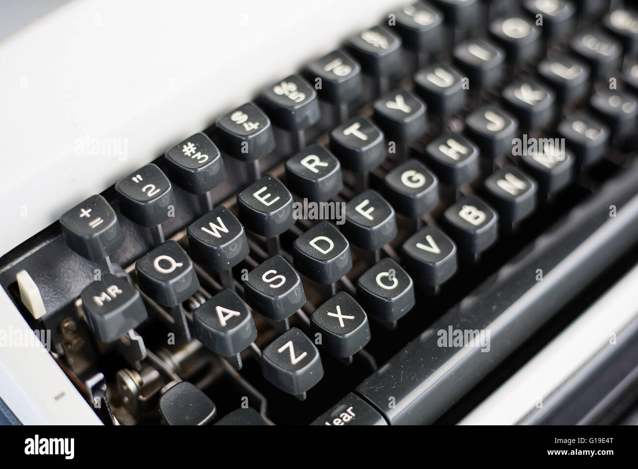 Detail view of the keys on a portable metal typewriter, circa 1970, on ...