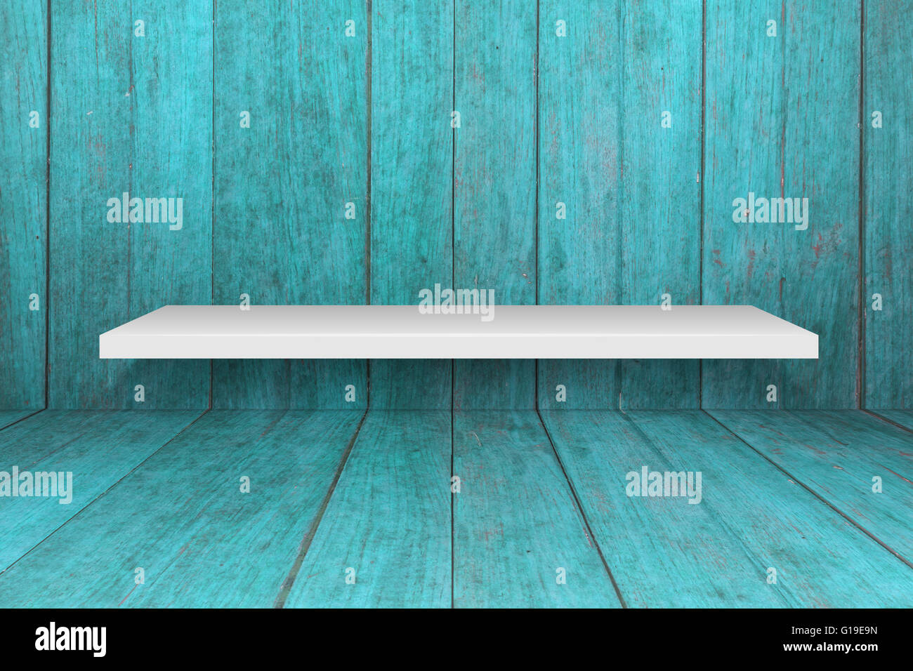 White shelf with old blue wooden interior texture background Stock ...