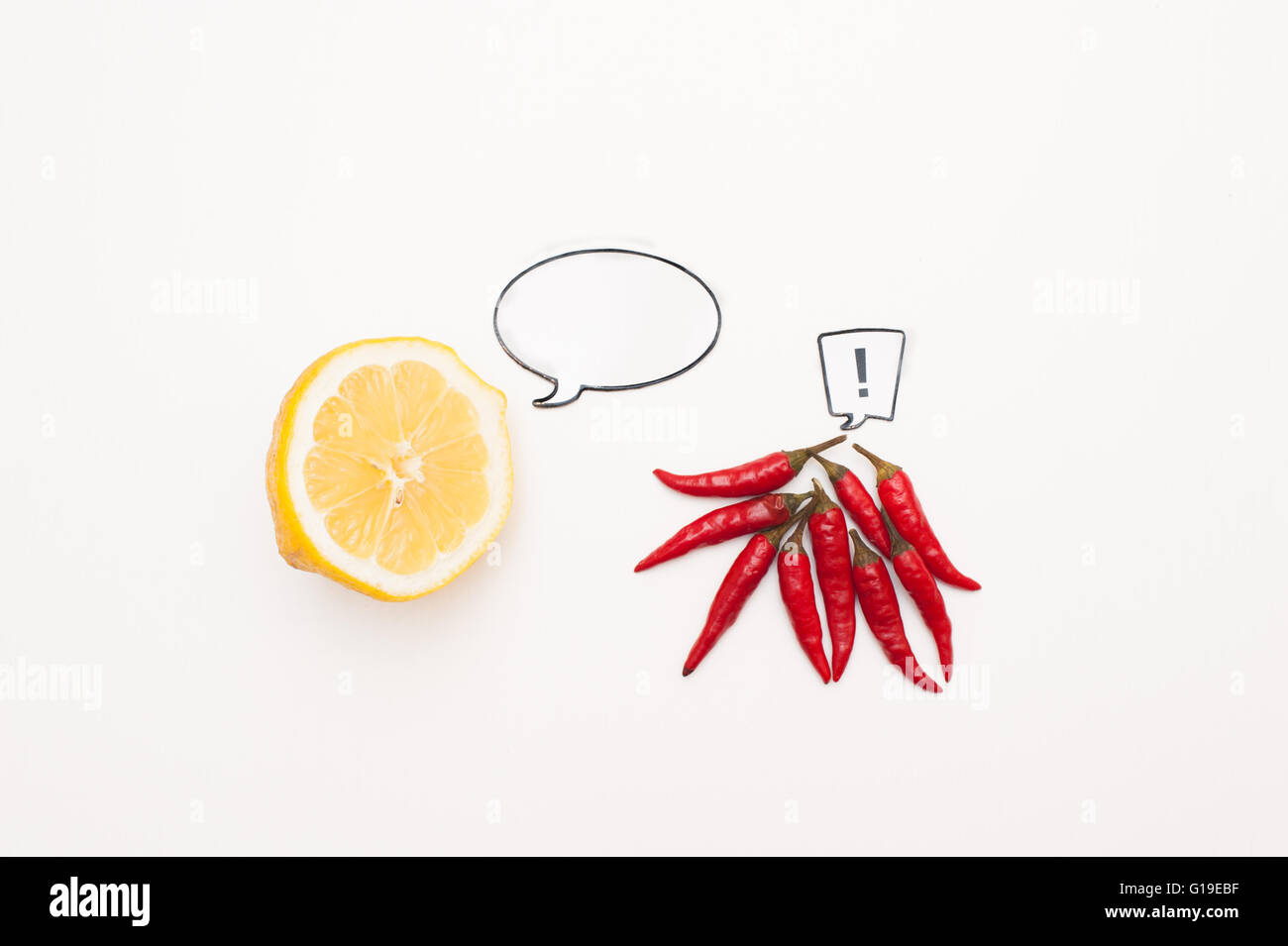 Talking food: lemon and chili peppers with empty comic labels on white ...