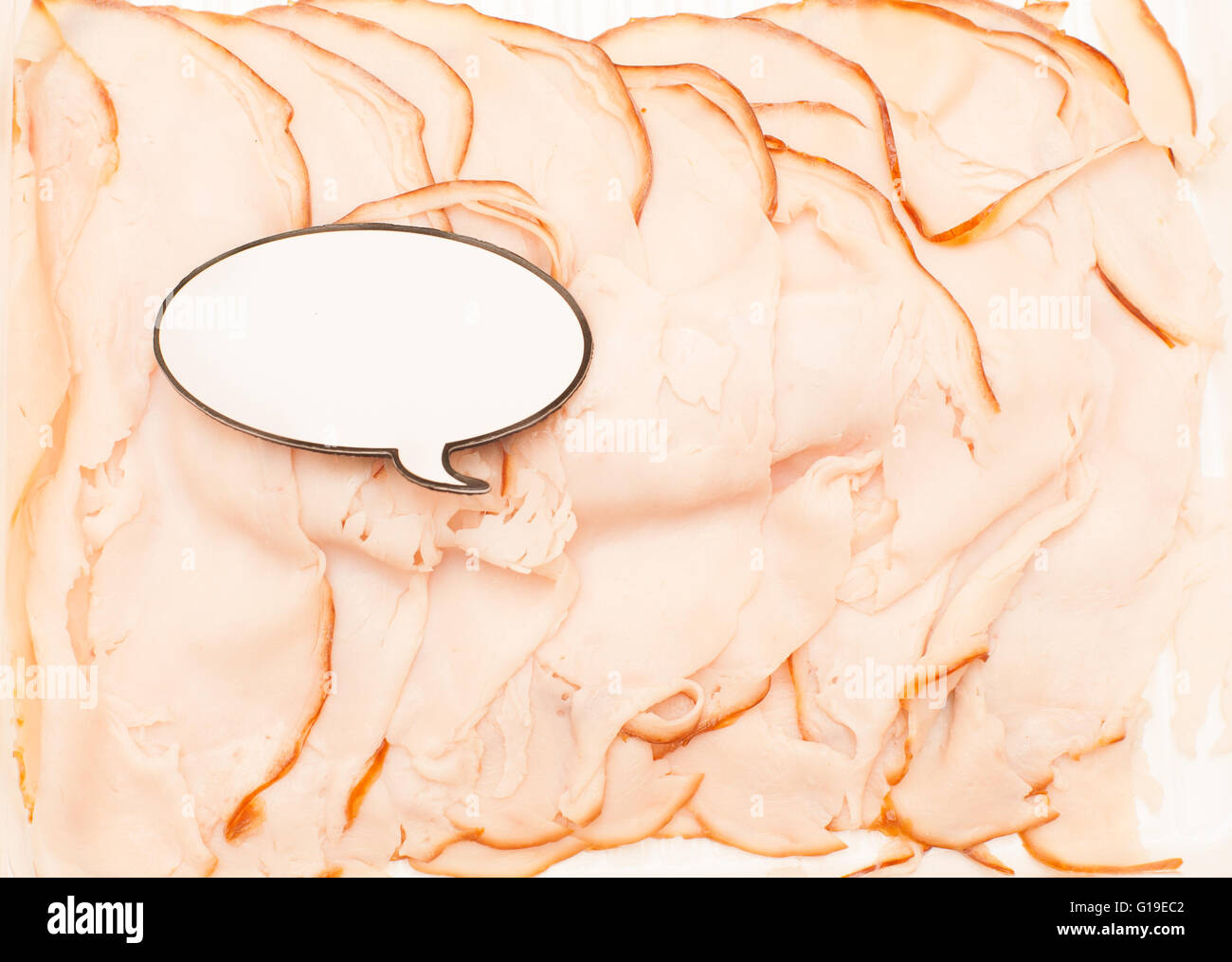 Talking food: brown roasted chicken slices with white comics label ...