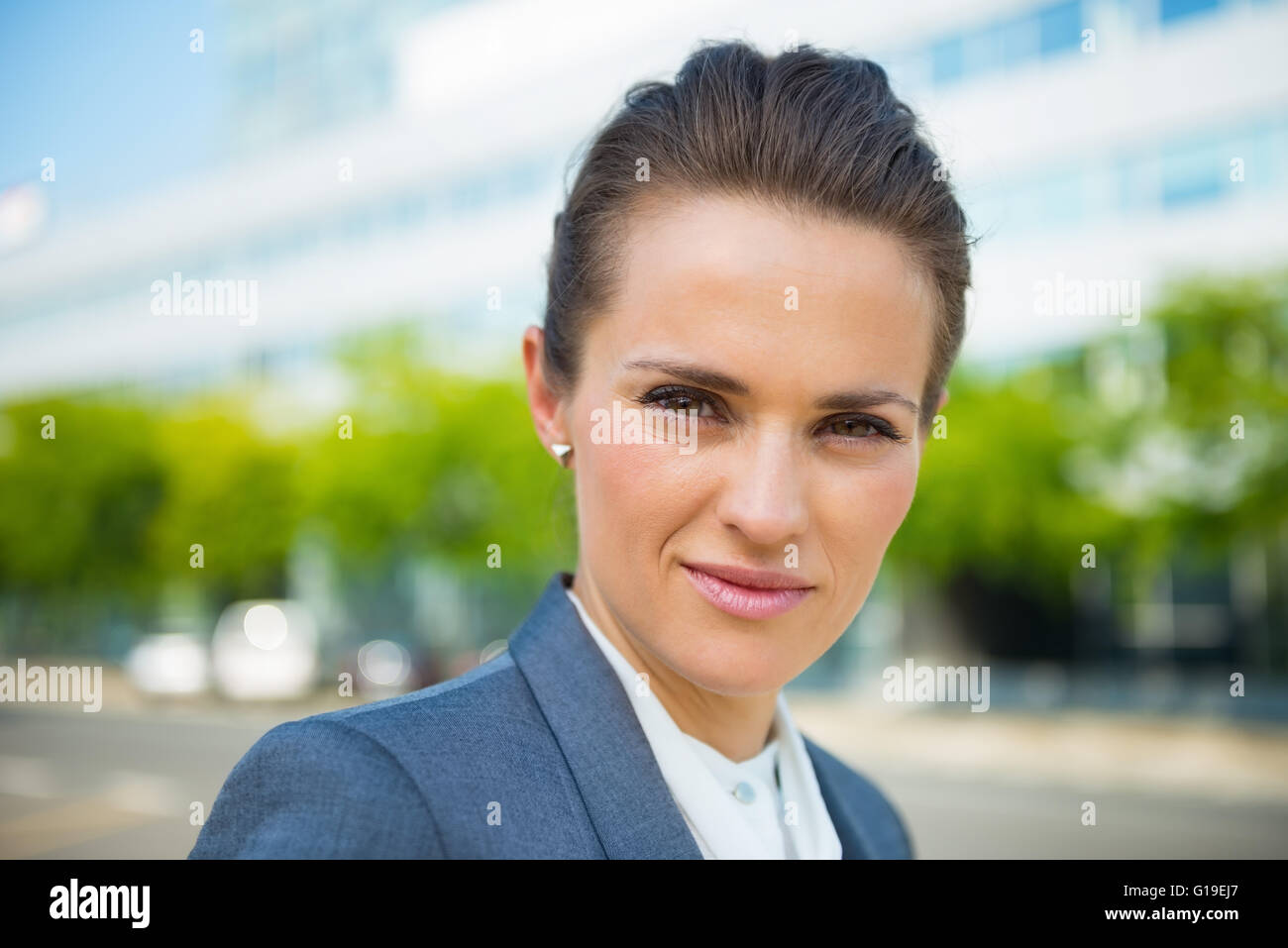Into the ultra-modern business trends. Portrait of business woman in ...
