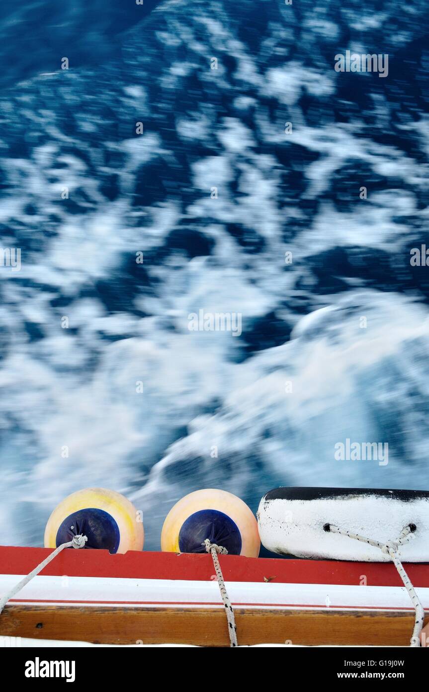 Buoy on body of moving ship. Waving adriatic sea in top part of image ...