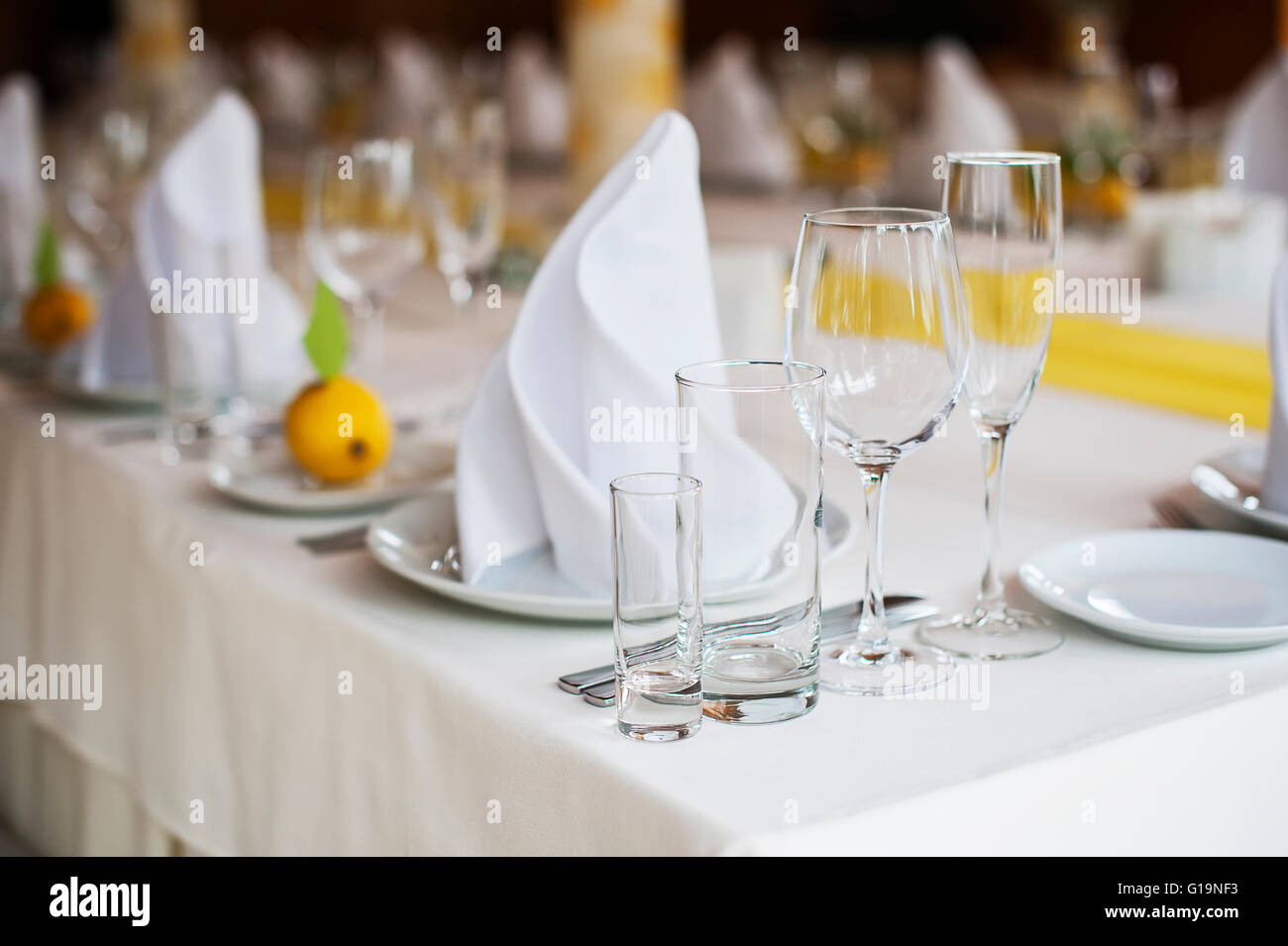 Served table with dishes and glasses Stock Photo - Alamy