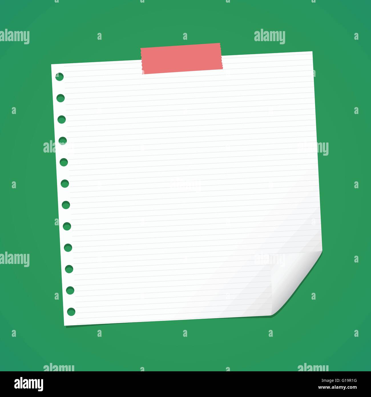 White lined note paper with folded corner is stuck on green background ...