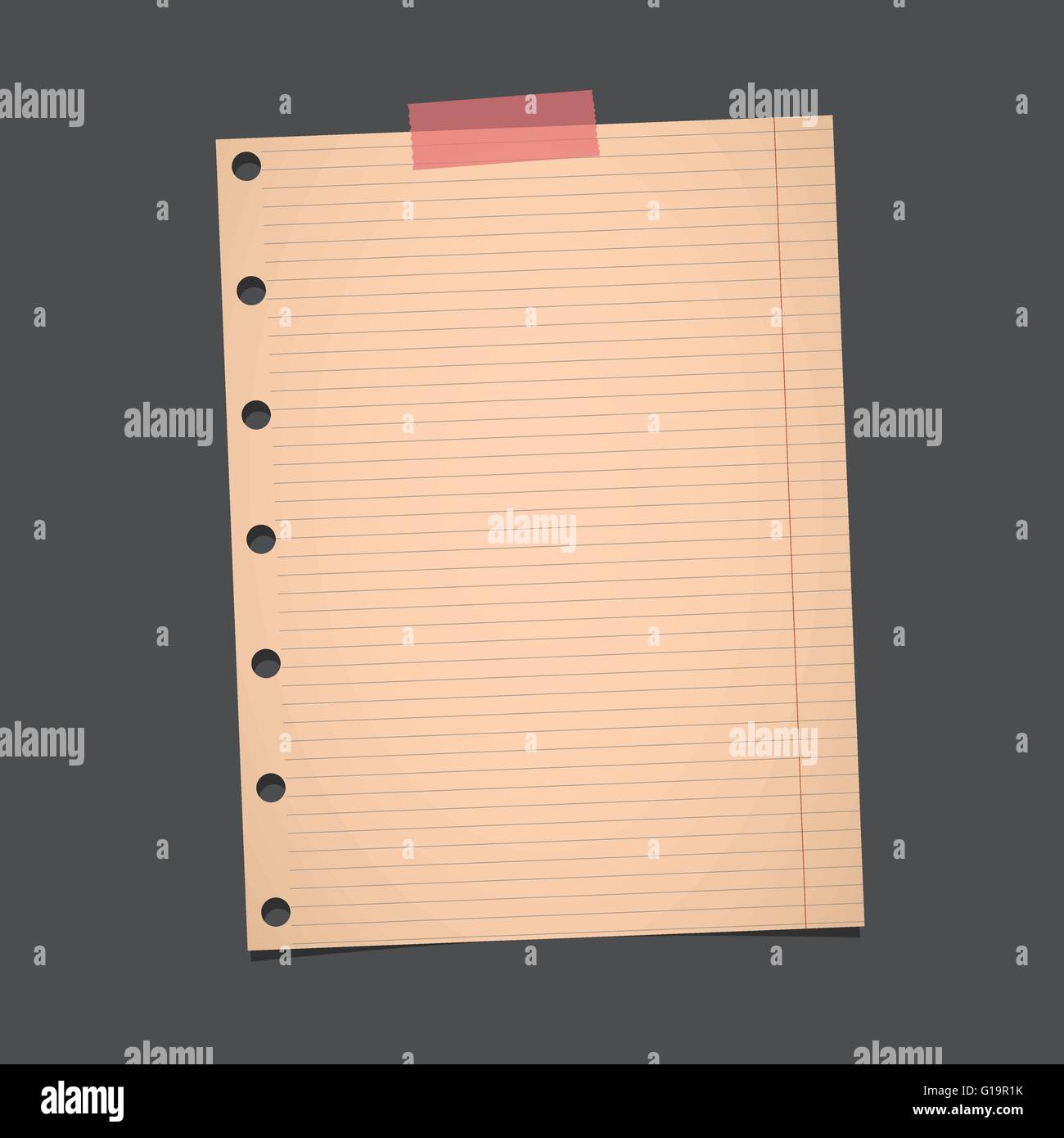 Lined notebook paper is stuck with adhesive tape on gray wall Stock ...