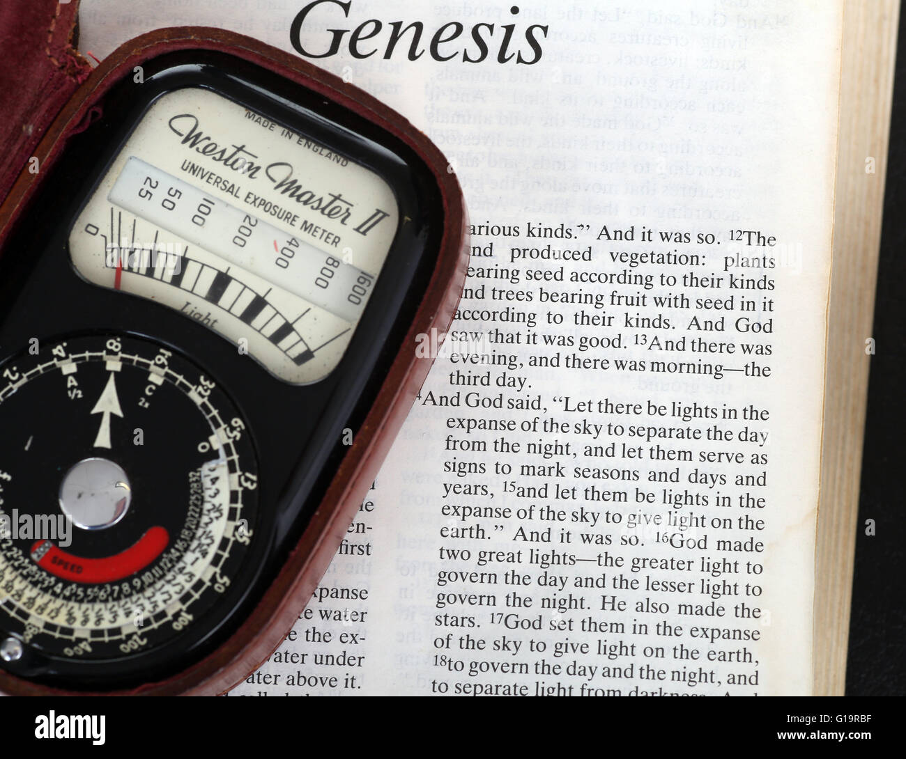 Let there be light, page from Chapter 1 on the Bible, with light meter ...