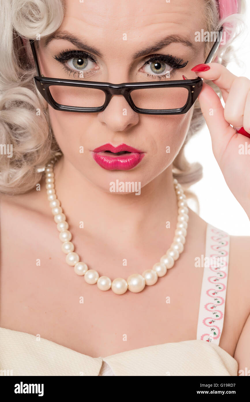 Cute studious girl wearing spectacles, isolated on white Stock Photo ...