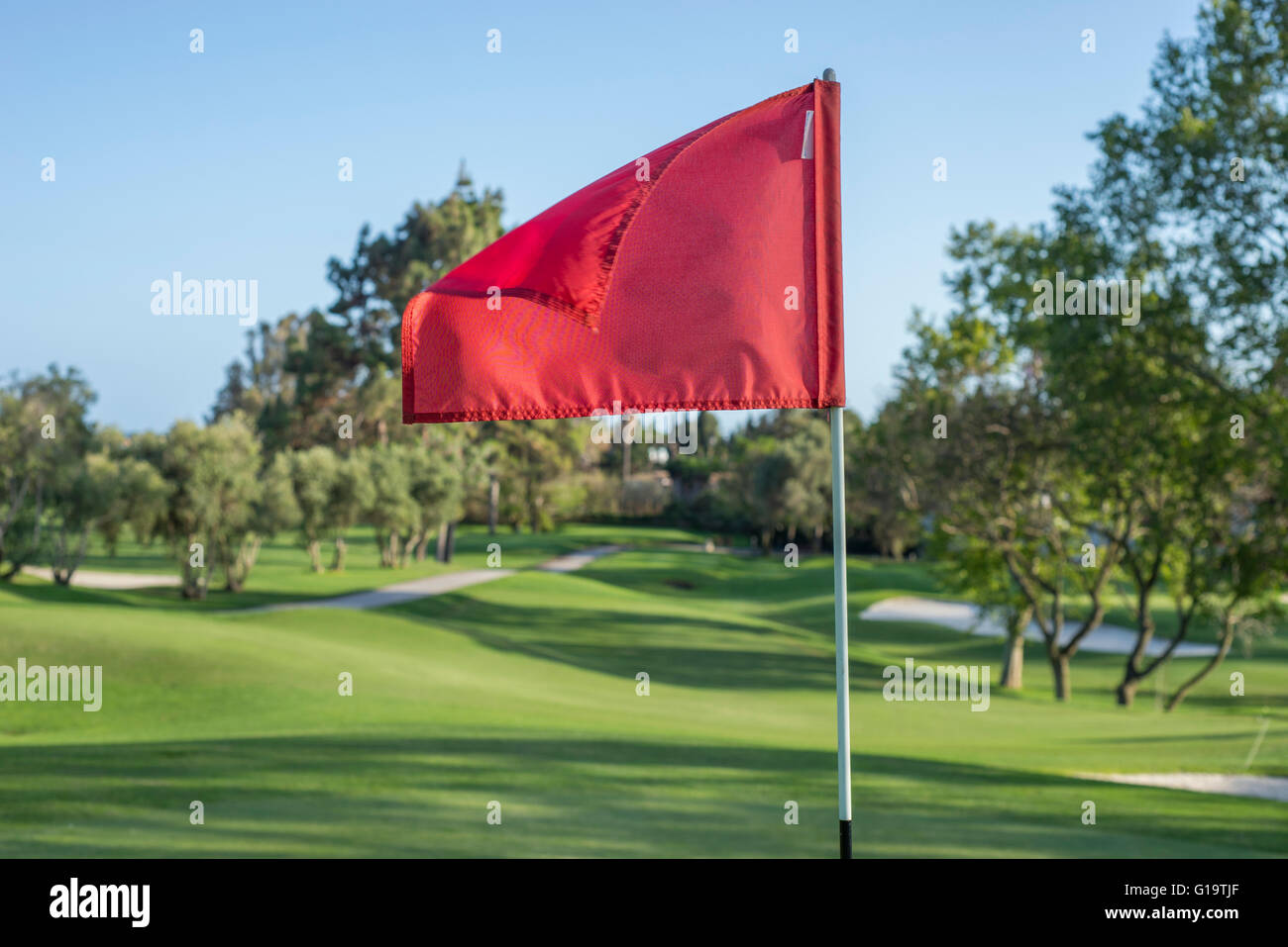 Golf red flag in golf course with trees in the background Stock Photo ...