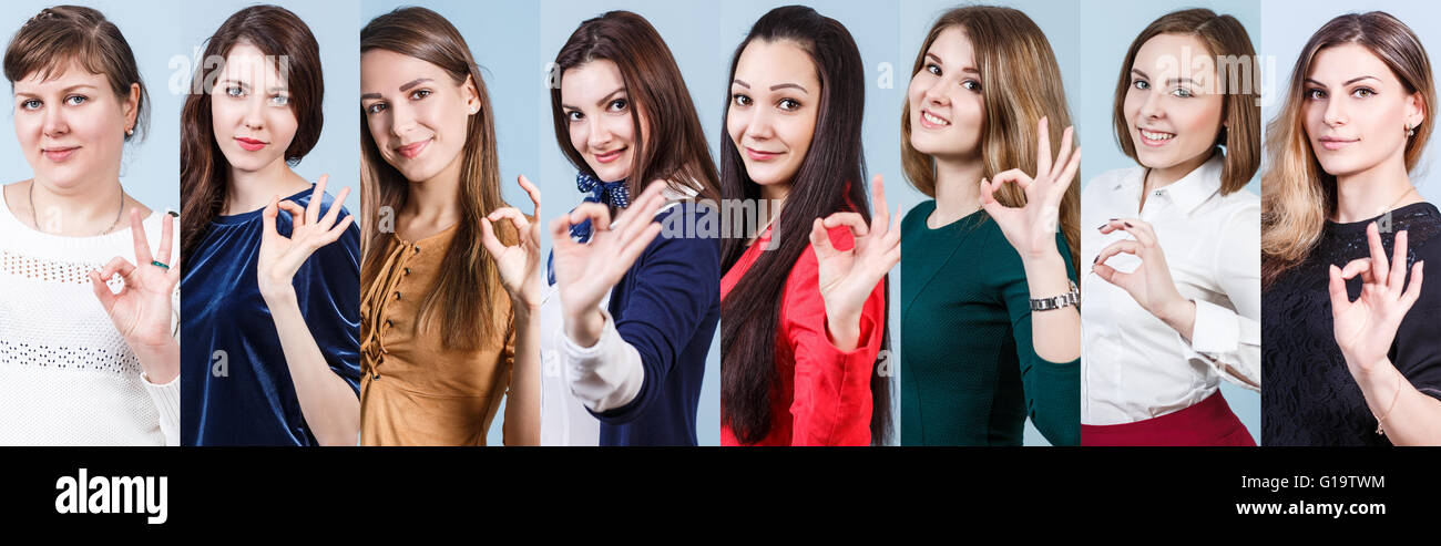 Collage of people show ok sign on the blue background Stock Photo - Alamy