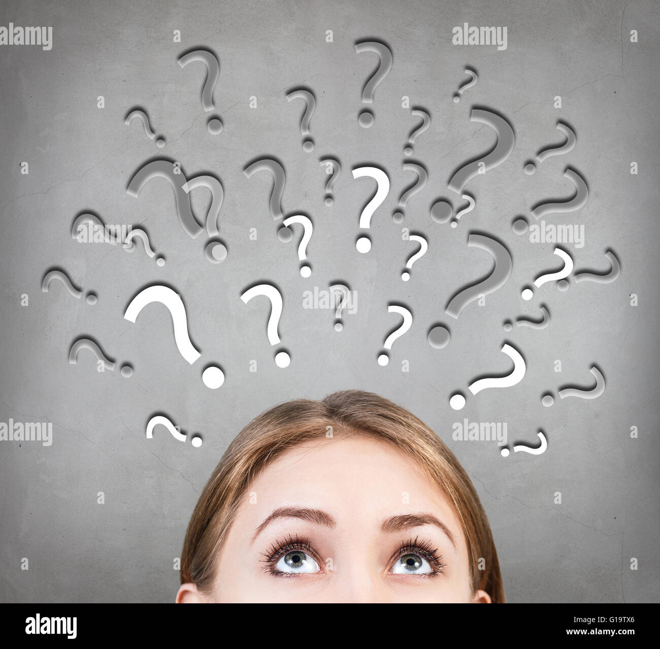 Thoughtful confused beautiful woman has too many questions and no ...