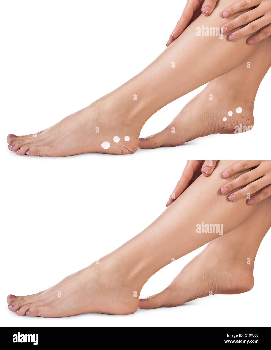 Woman applying moisturizer cream on the legs over white background ...