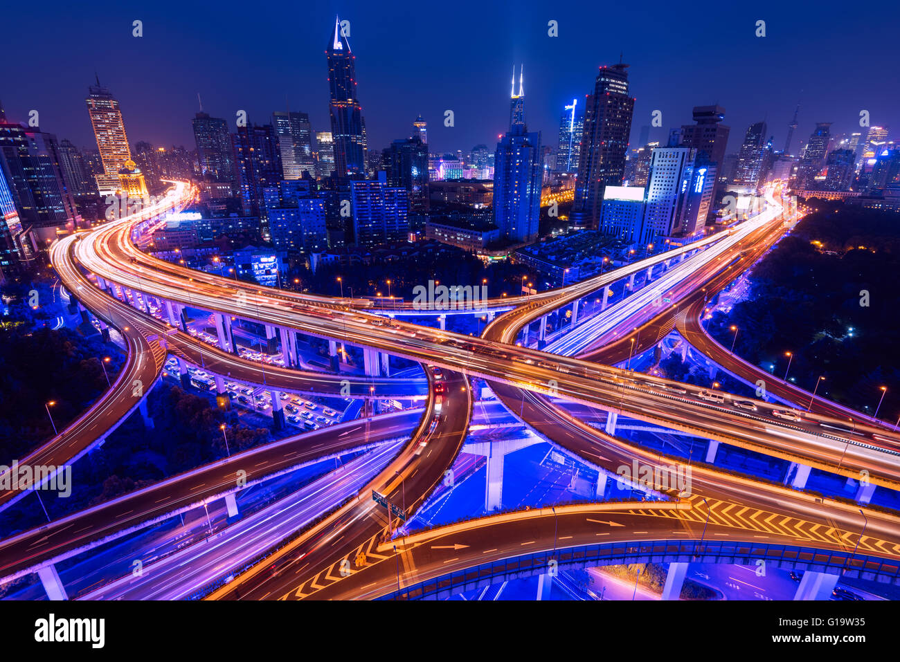 Aerial view of a highway overpass at night in Shanghai - China Stock ...