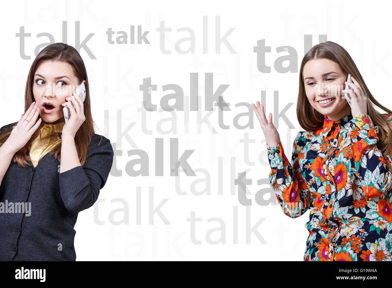 Two young pretty girls talking to each other by cell phones Stock Photo ...