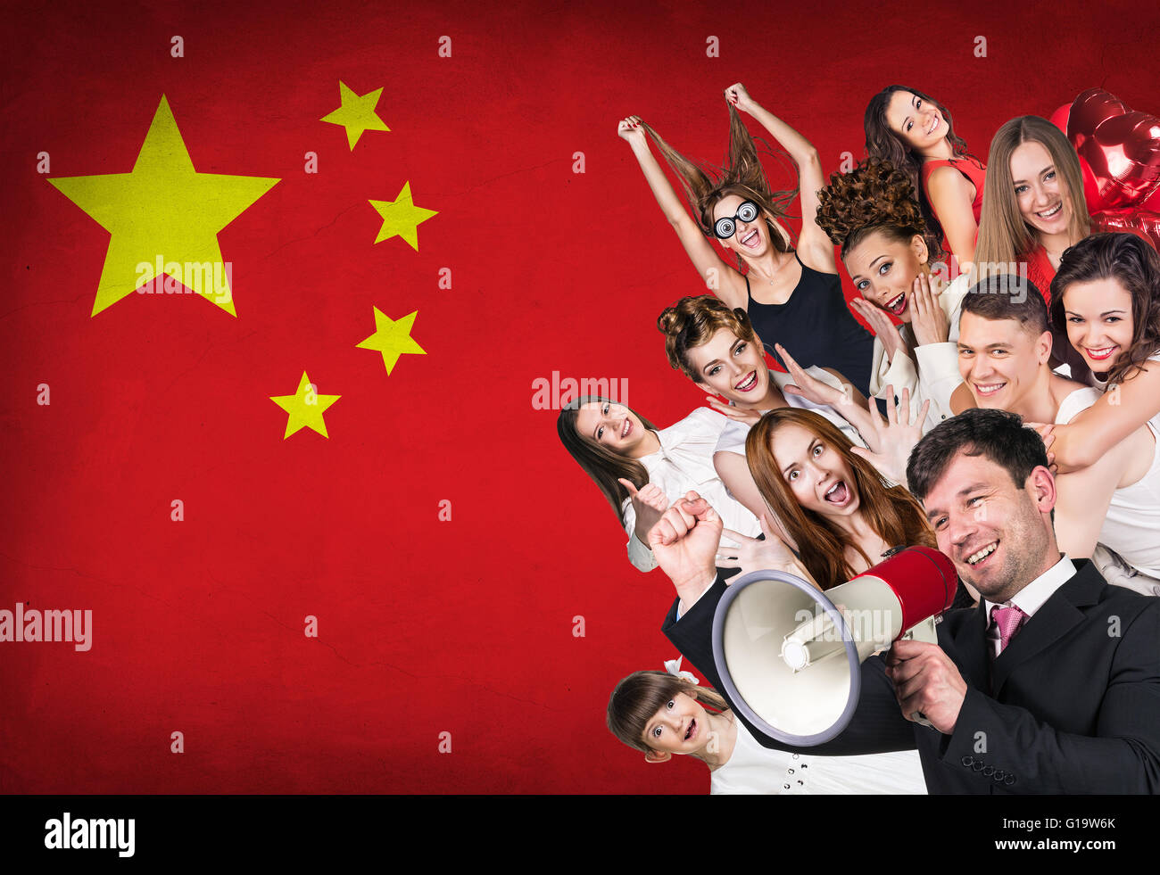 Happy group of diverse students standing on the chinese flag background ...