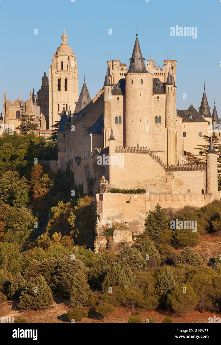 Castle and cathedral at sunset in Segovia. Spain. Vertical. Alcazar ...