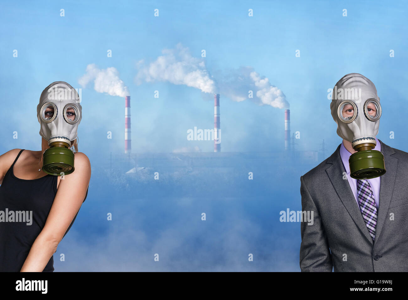 Business people wearing gas mask on the pollution air and factory ...
