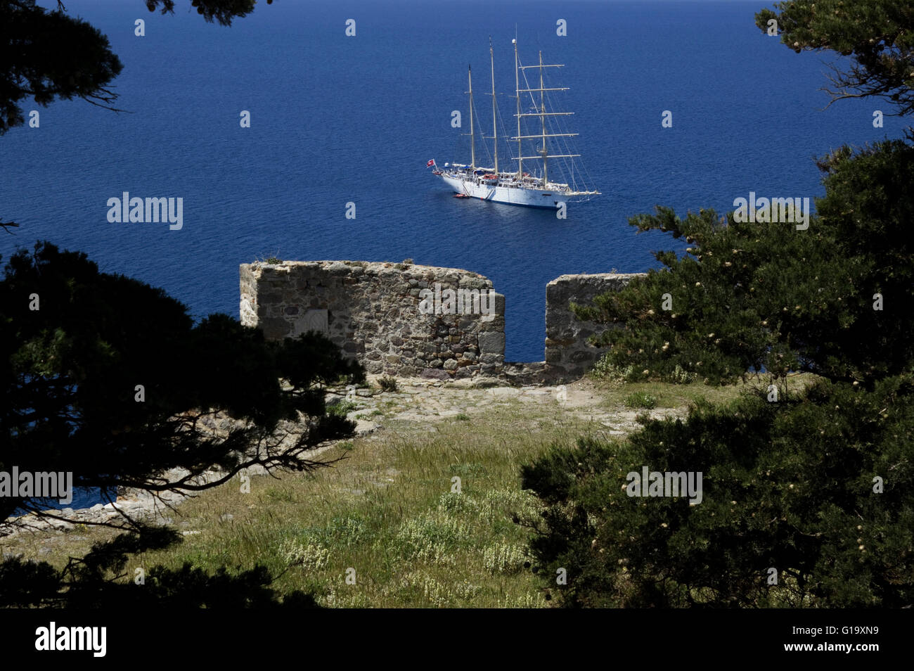Luxurious Star Clipper ship sailing in the Aegean ocean, anchored ...