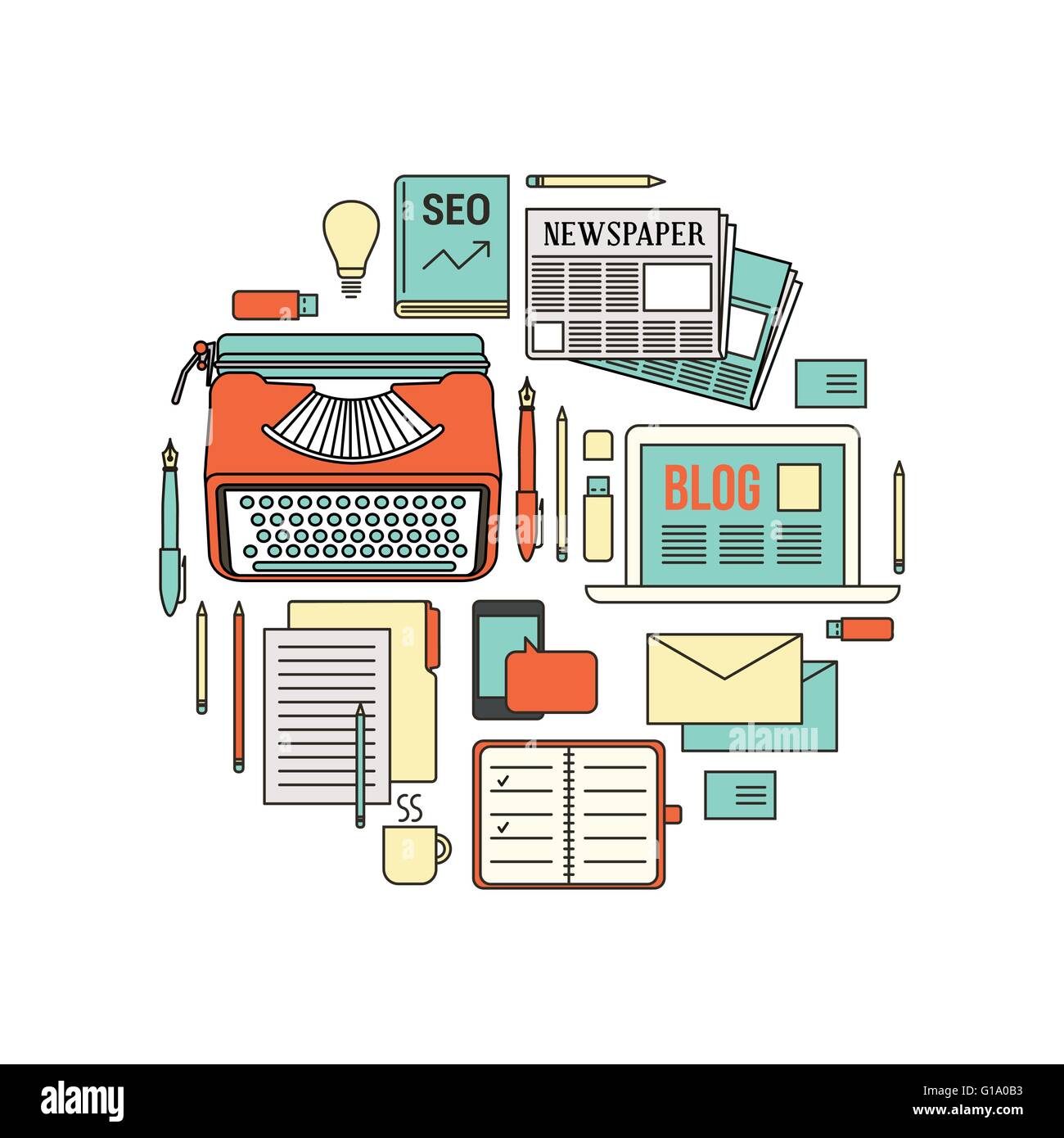 Copywriter, blogger and journalist work tools, thin line objects in a ...