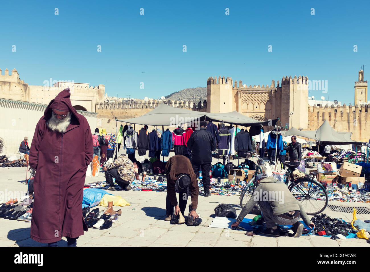 Market at Chorfa Bab, a medieval gate to the medina of Fes, Morocco ...