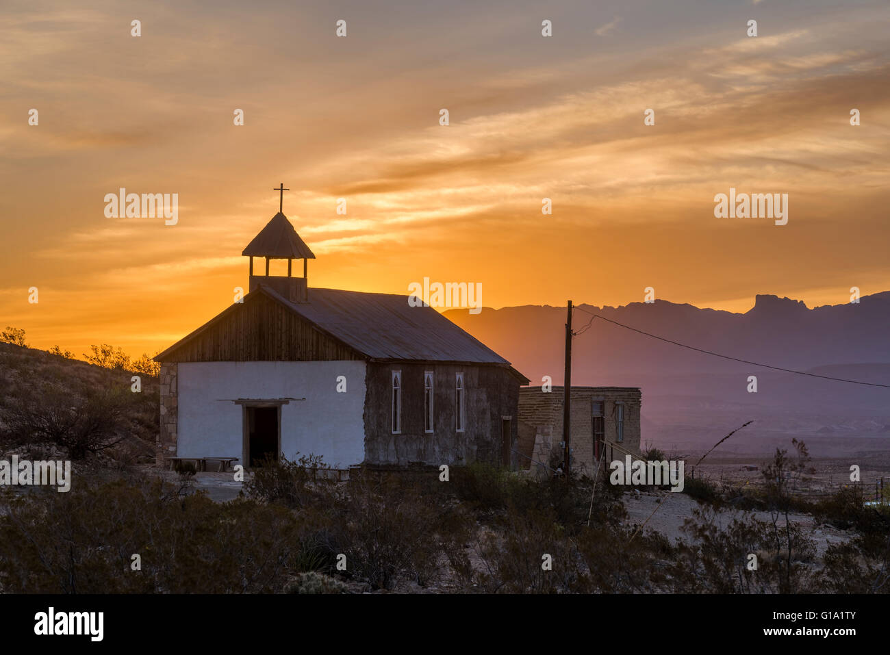 St. Agnes Church at sunrise in the ghost town of Terlingua, Texas Stock ...