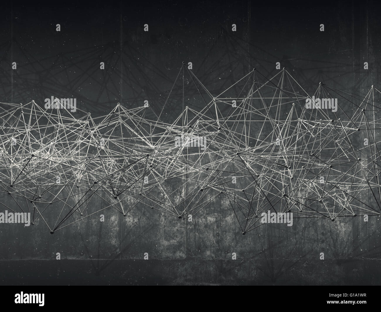 Abstract wire frame mesh structure over dark concrete wall background ...
