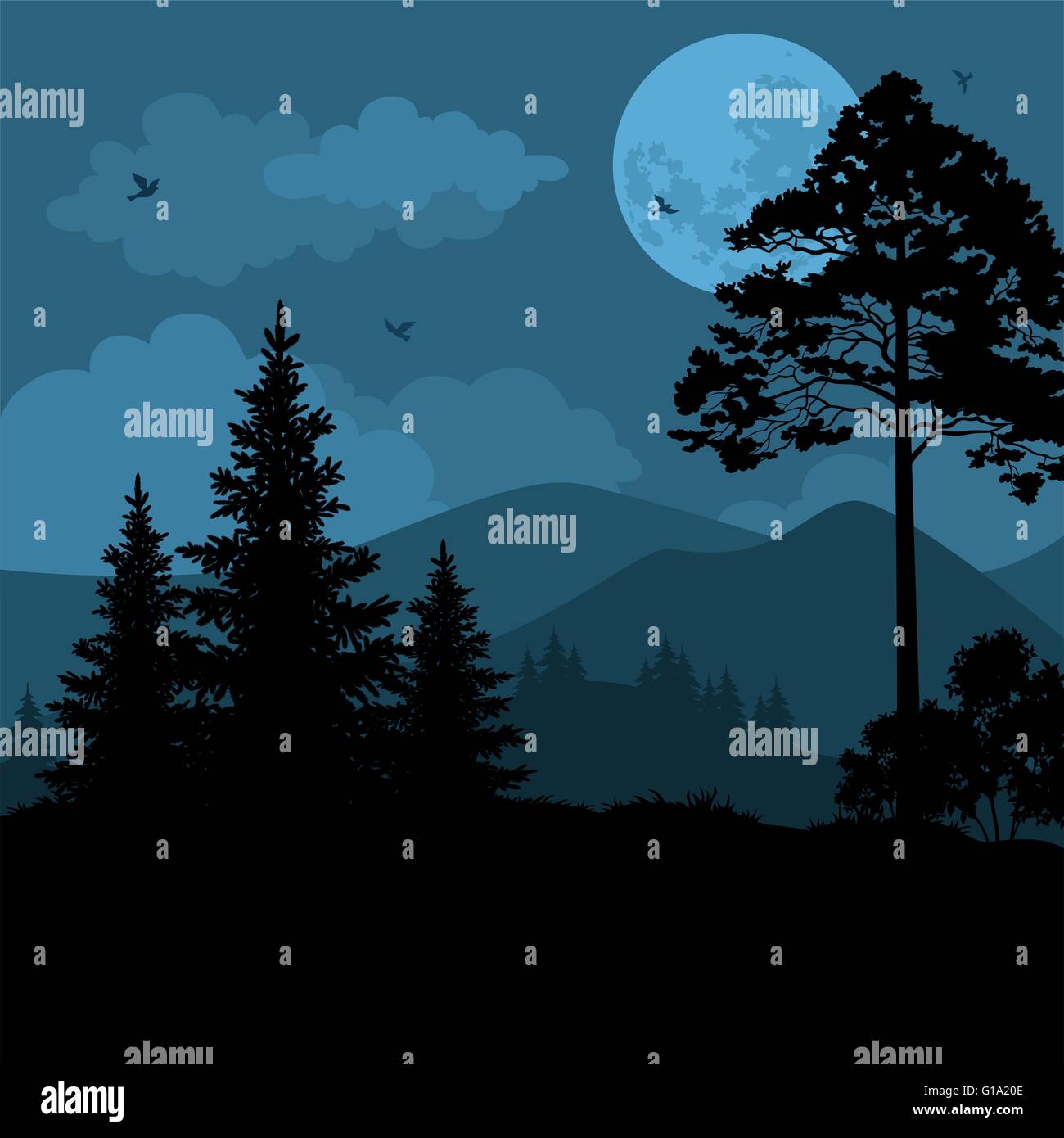 Landscape, Trees, Moon and Mountains Stock Vector Image & Art - Alamy