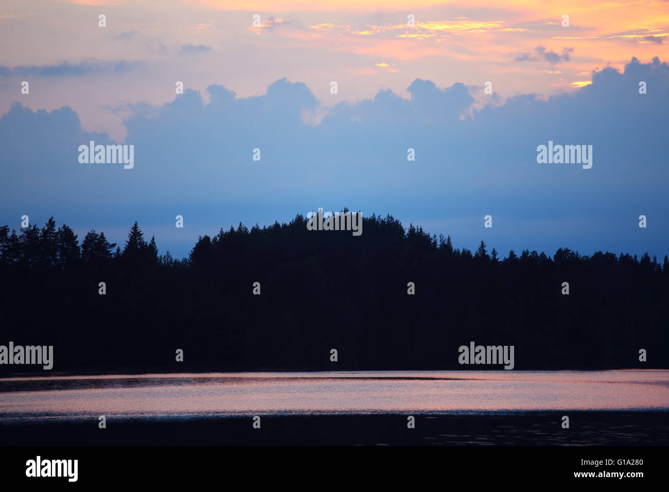 A beautiful sunset at lake and dark forest, Finland Stock Photo - Alamy