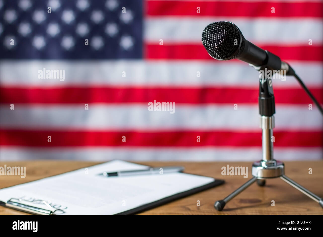 American flag, microphone and paper Stock Photo - Alamy