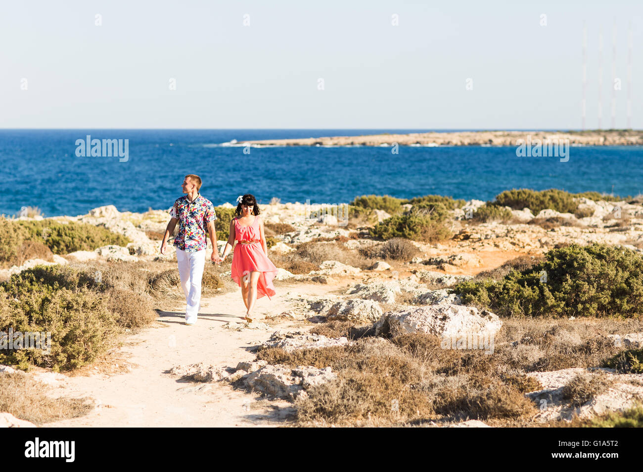 happy romantic couple in love and having fun outdoor in summer day ...