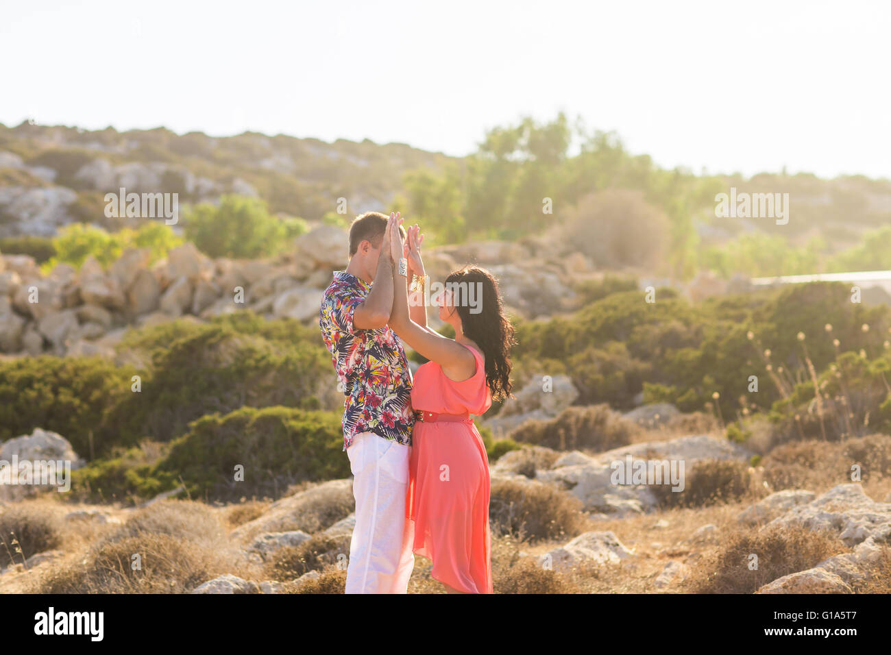 happy romantic couple in love and having fun outdoor in summer day ...