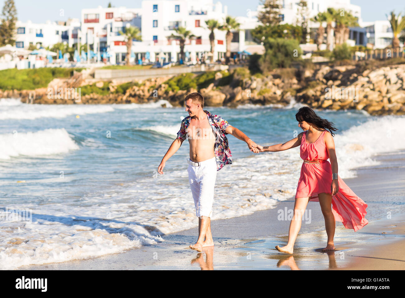 happy romantic couple in love and having fun outdoor in summer day ...