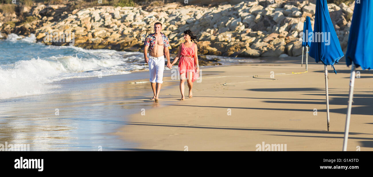 happy romantic couple in love and having fun outdoor in summer day ...