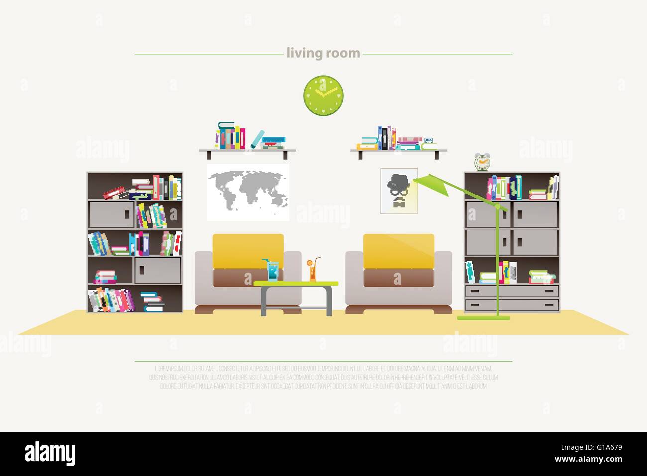 contemporary lounge room with furniture isolated on white background ...