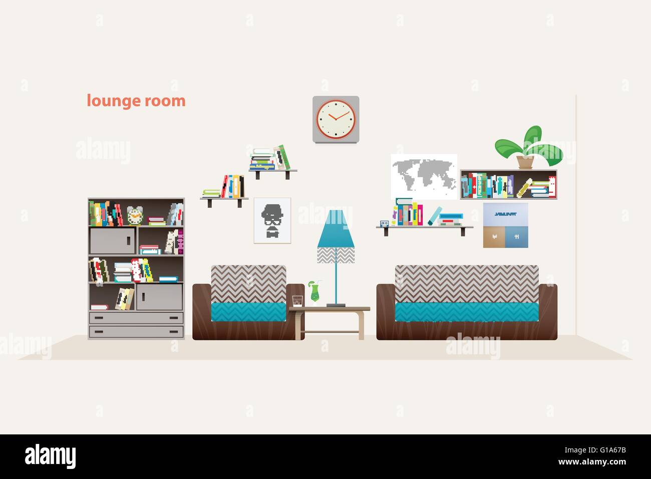 contemporary lounge room with furniture isolated on white background ...