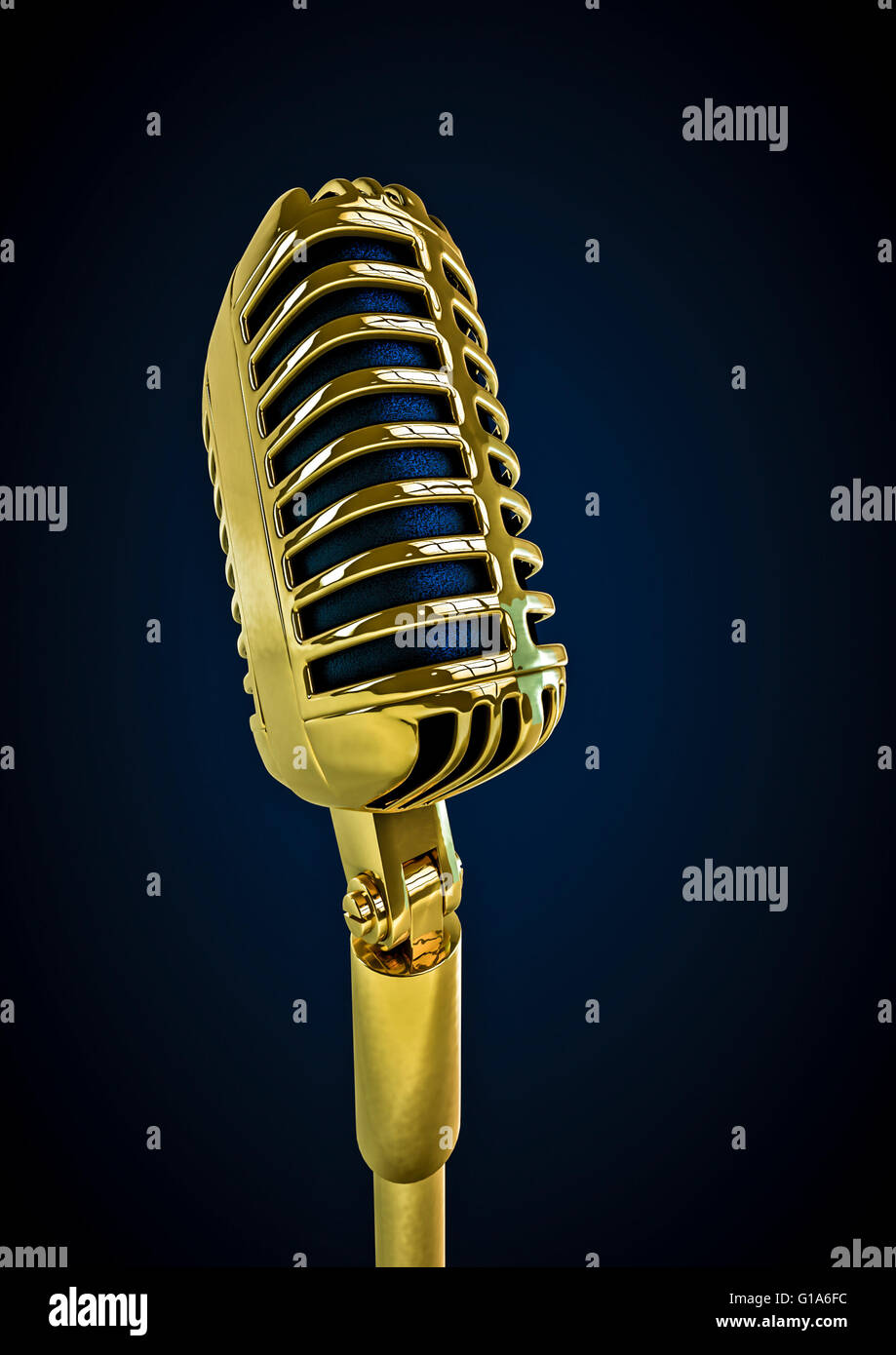 Retro gold microphone / 3D render of old fashioned classic microphone ...