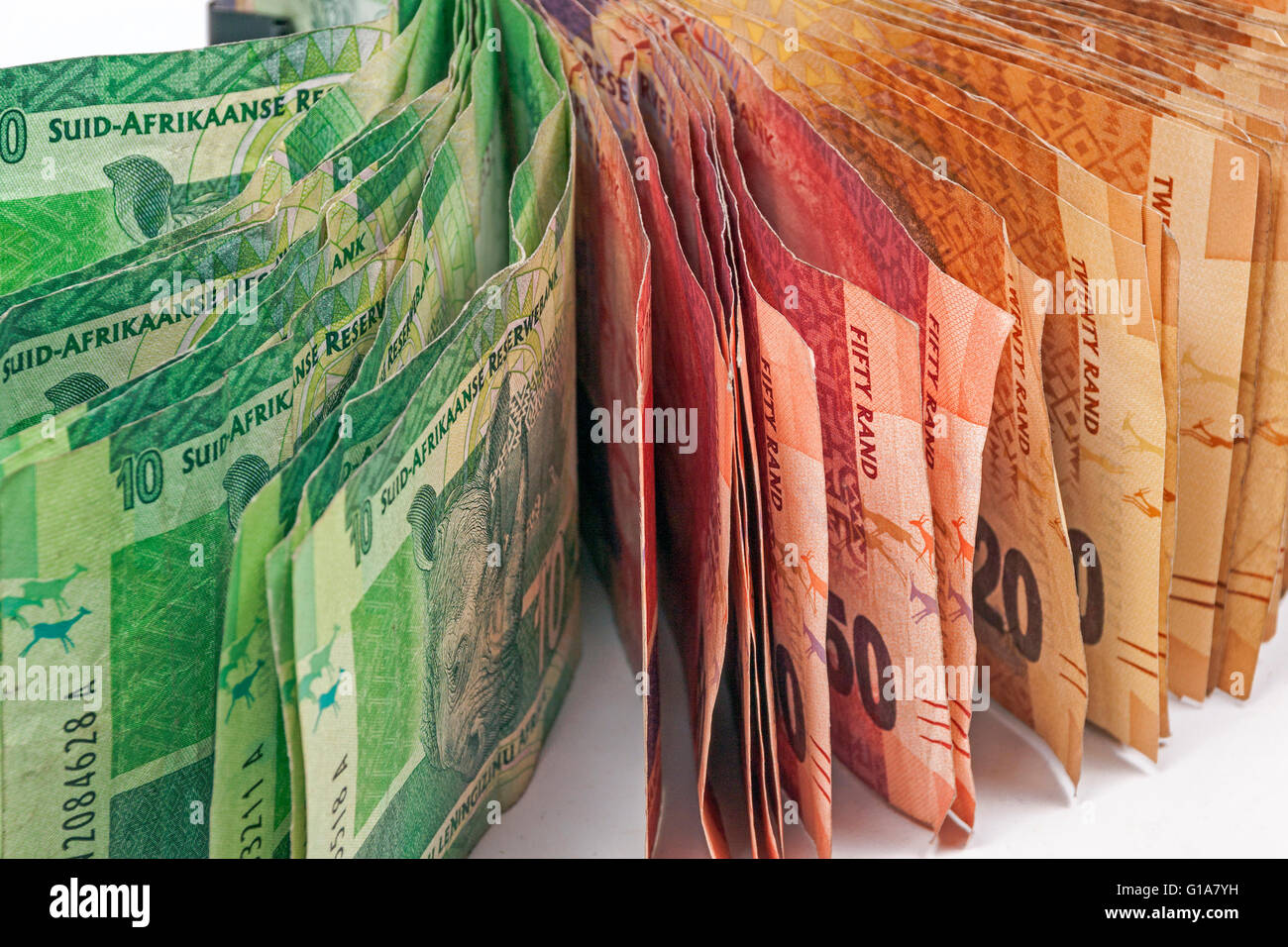 Close up above view of fanned out collection of South African Bank ...