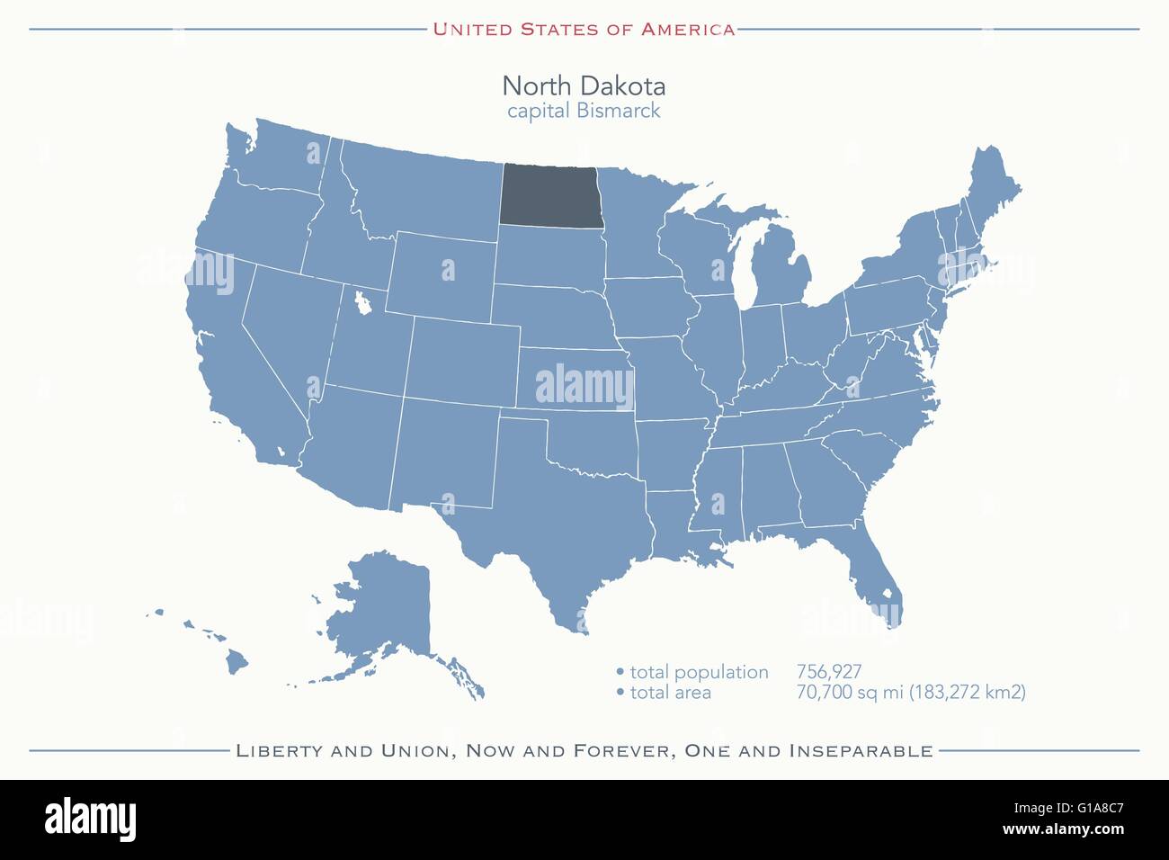 United States of America isolated map and North Dakota State territory ...