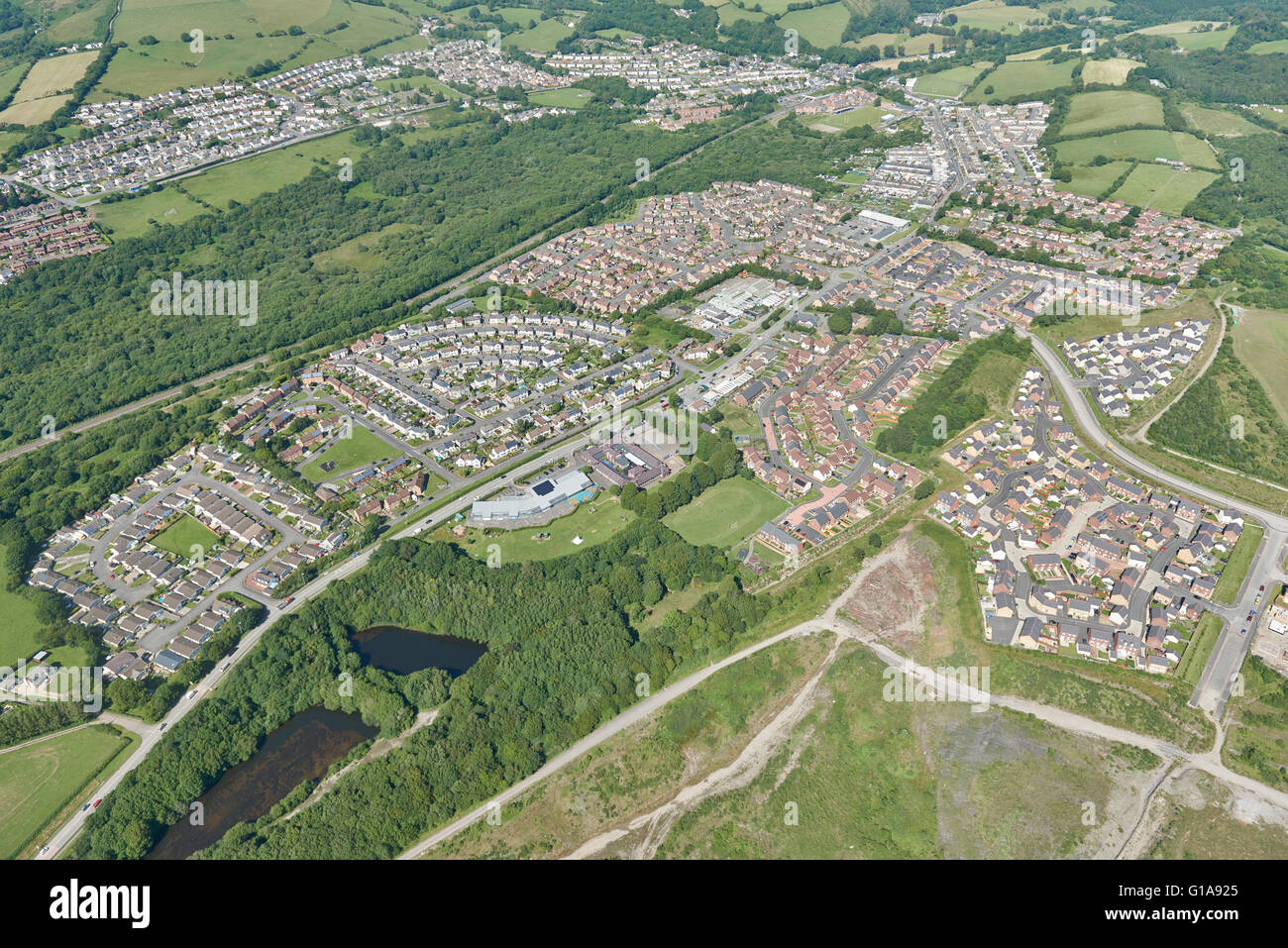 An aerial view of the settlement of Llanharan, Rhonda Cynon Taff, Wales ...