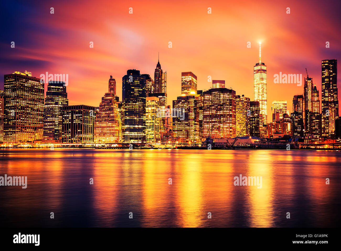 Famous view of New York City Manhattan midtown at sunset Stock Photo ...