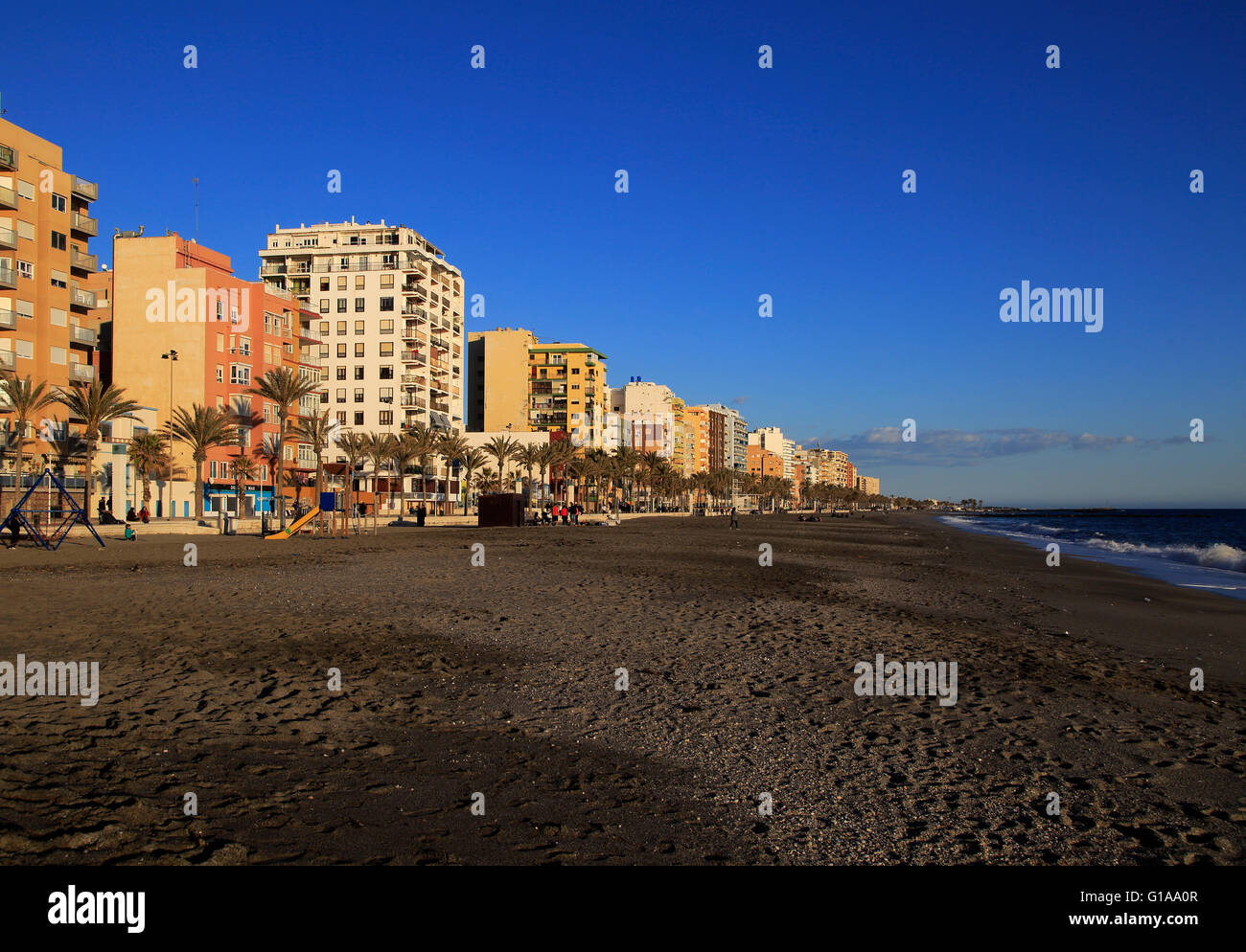 Sandy beach and seafront apartments city of Almeria, Spain Stock Photo ...