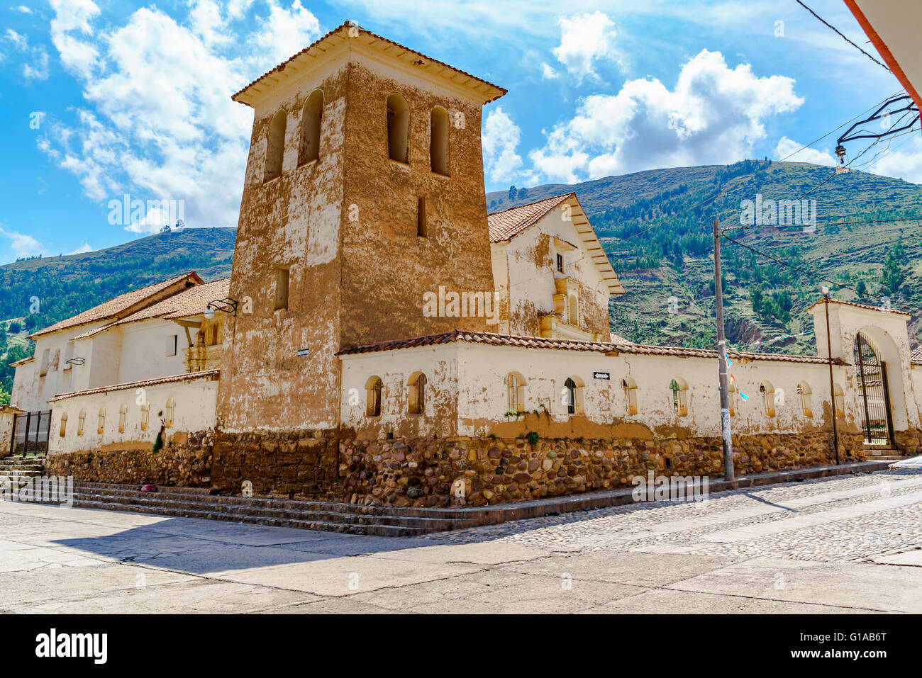 Bell tower at the Temple of Checacupe District near the city of Cusco ...