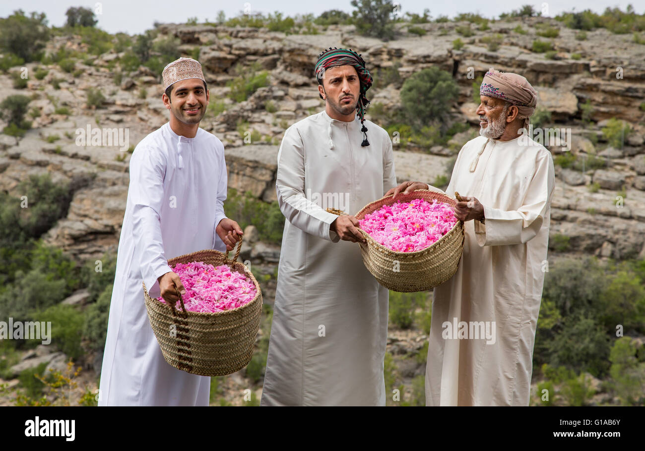 Omani men in traditional clothing showing off basket full of rose ...