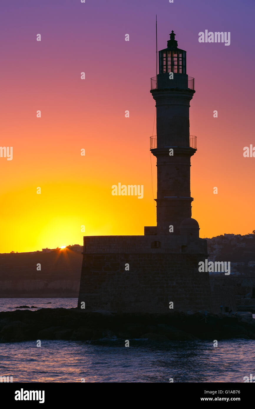 Lighthouse at sunrise, Chania, Crete, Greece Stock Photo - Alamy