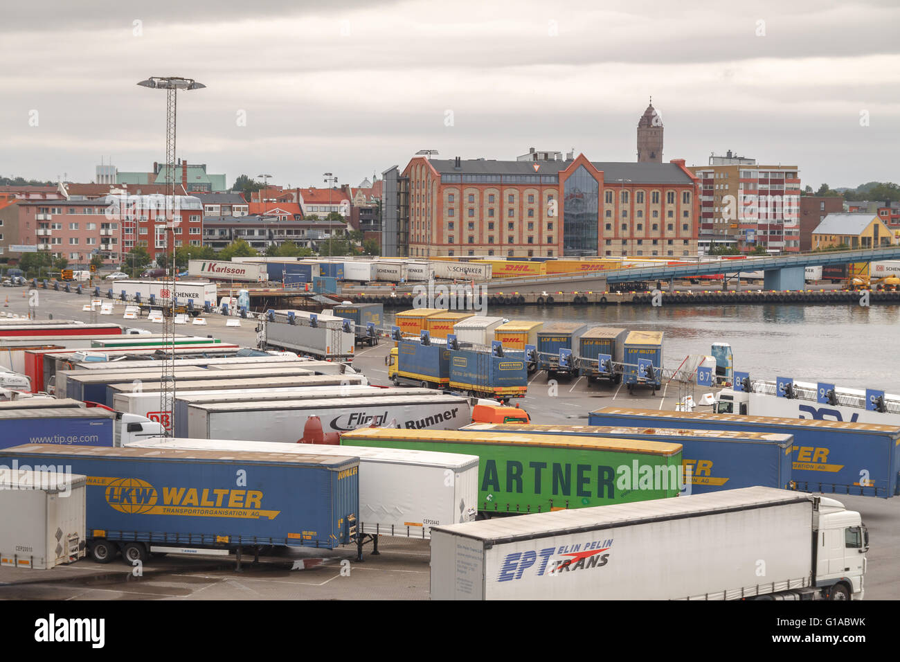 Trelleborg port , Sweden full with parked truck trailers Stock Photo ...