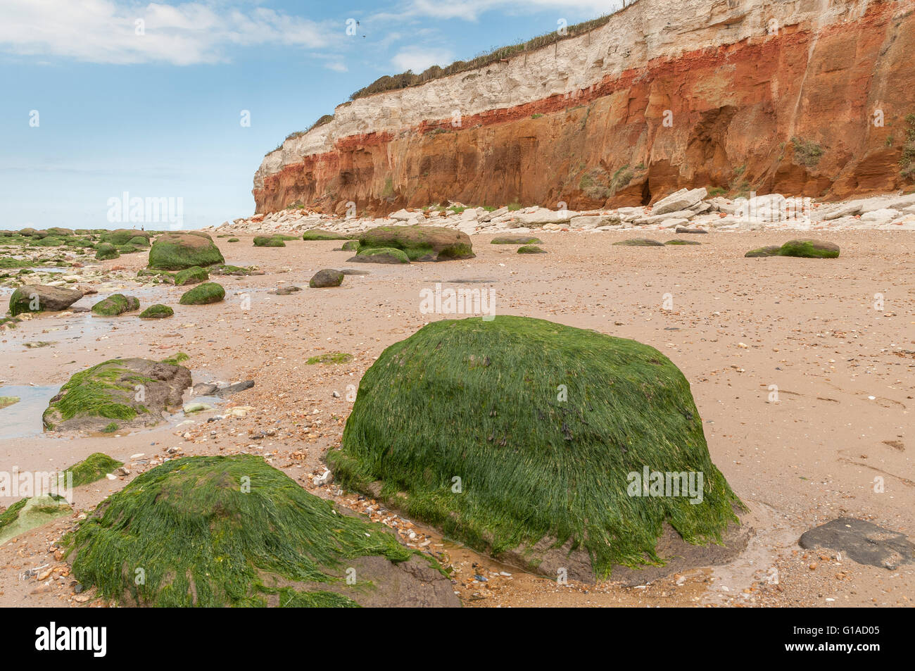 Seaweed covered rocks on the beach at Old Hunstanton under the ...