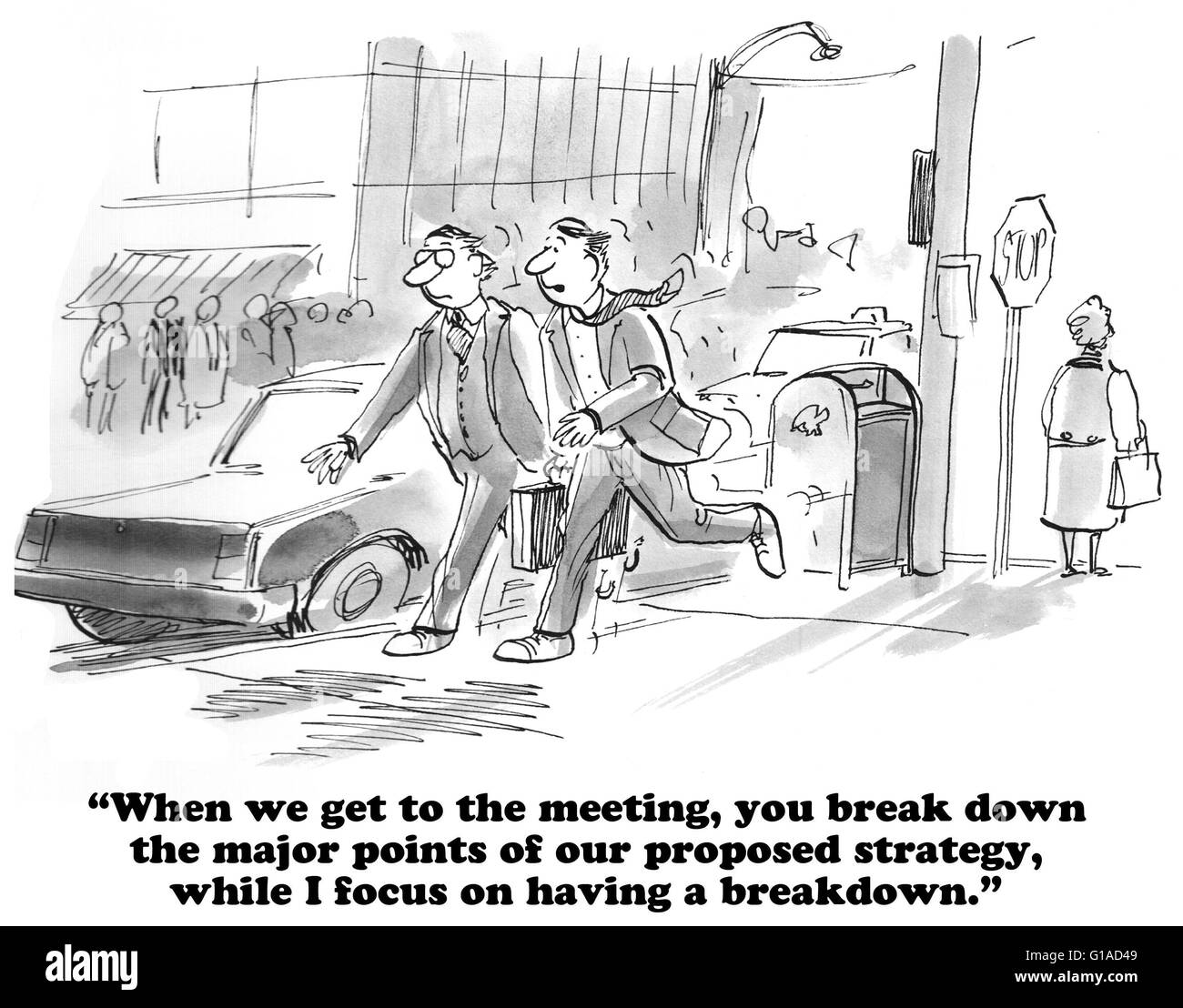 Business cartoon about two breakdowns Stock Photo - Alamy
