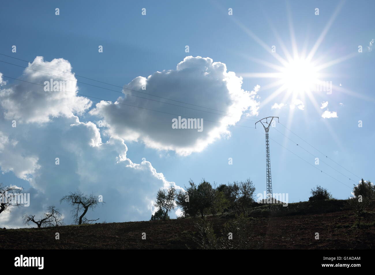 Green landscape with clouds and sun front Stock Photo - Alamy