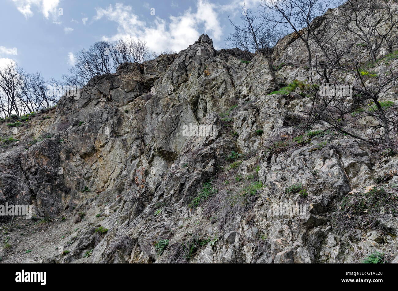 Mountainside of Lozen mountain with cliff and trees at the top ...