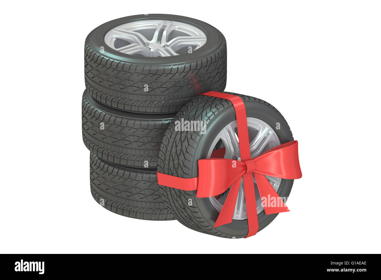 Gift set of wheels wrapped ribbon and bow, 3D rendering isolated on ...