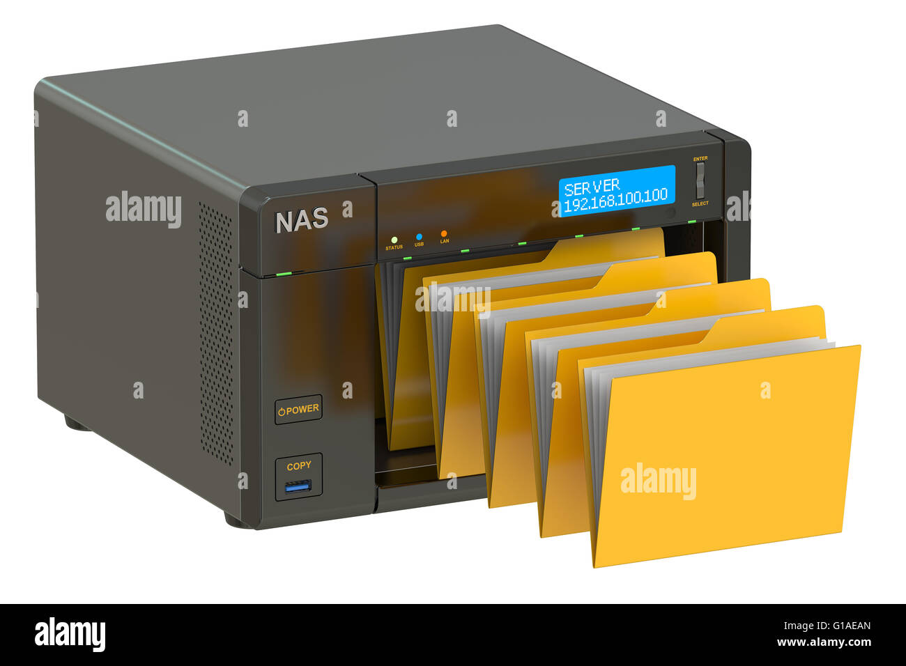 NAS, concept of data storage. 3D rendering isolated on white background ...
